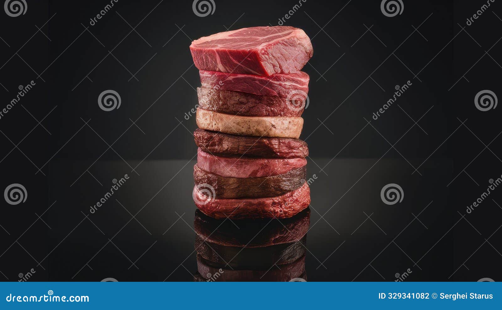 A Stack of Raw Meat on a Black Background with Reflection, AI Stock ...