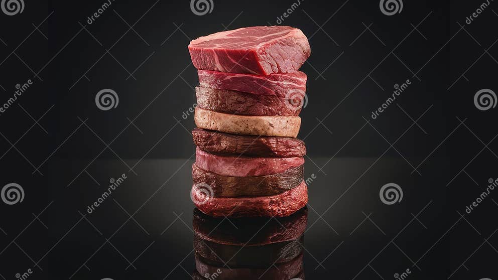 A Stack of Raw Meat on a Black Background with Reflection, AI Stock ...