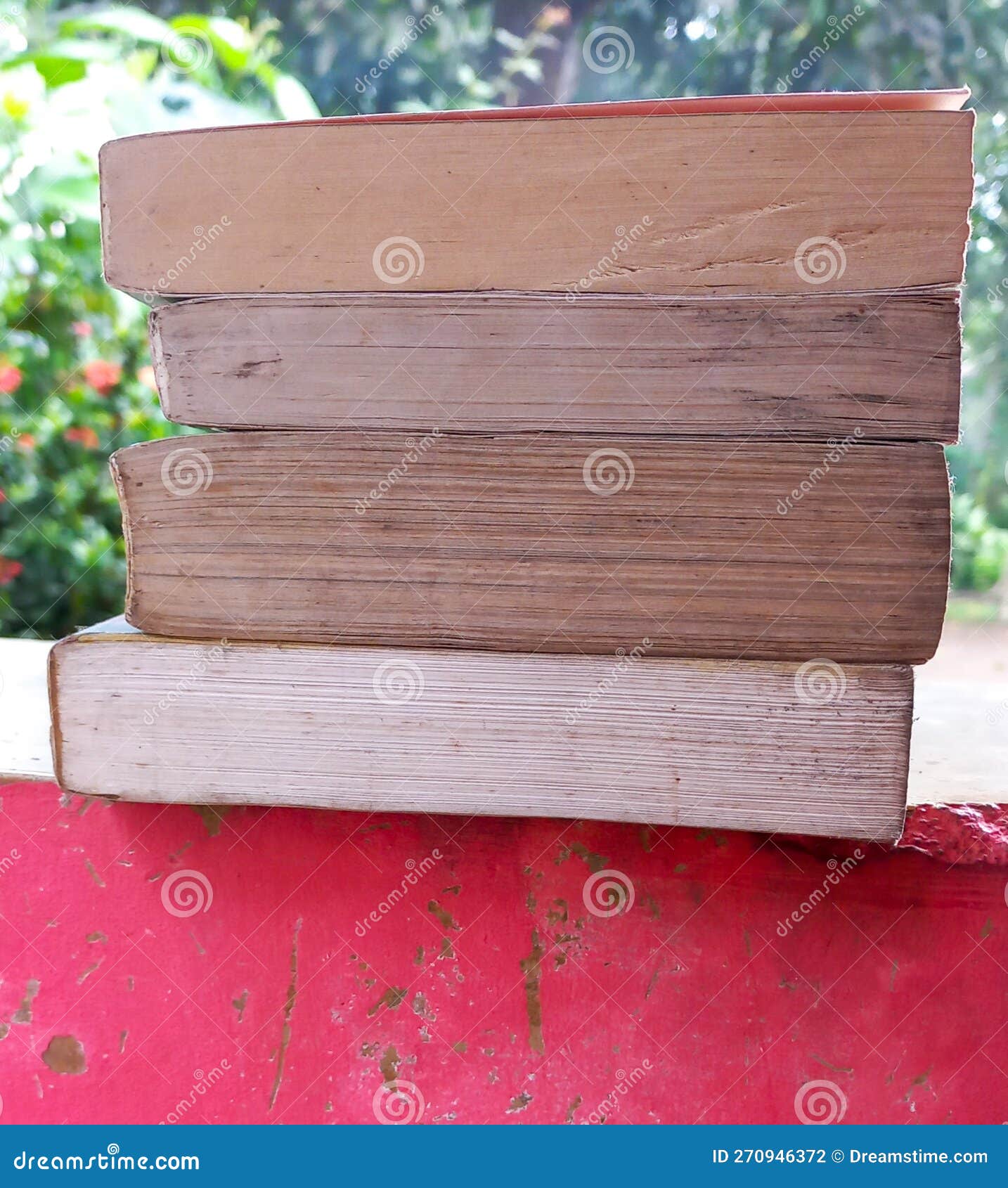 A Stack of Reading Books List in the Summer Garden Background. Stock ...