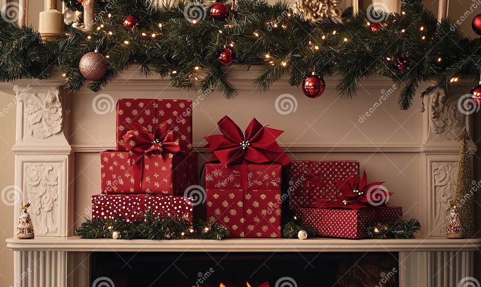 A Stack of Red Boxes with a Bow on Top of Them are on a Mantle Stock ...