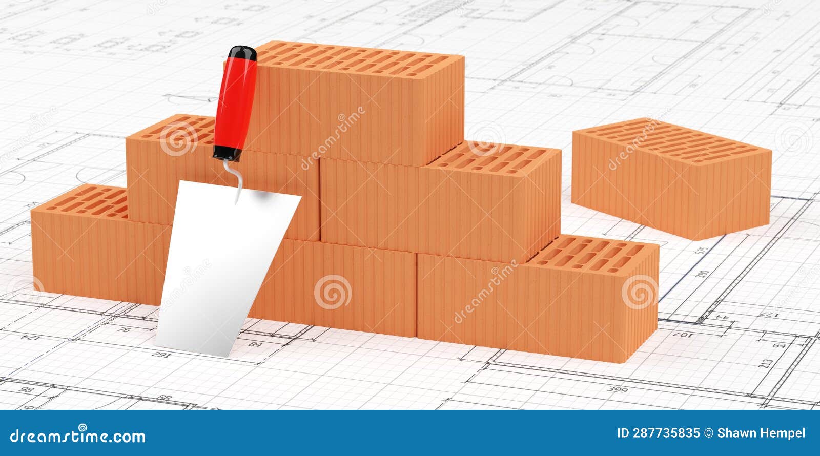 Stack of Red Brick Stones with Metal Trowel Standing in Front on ...