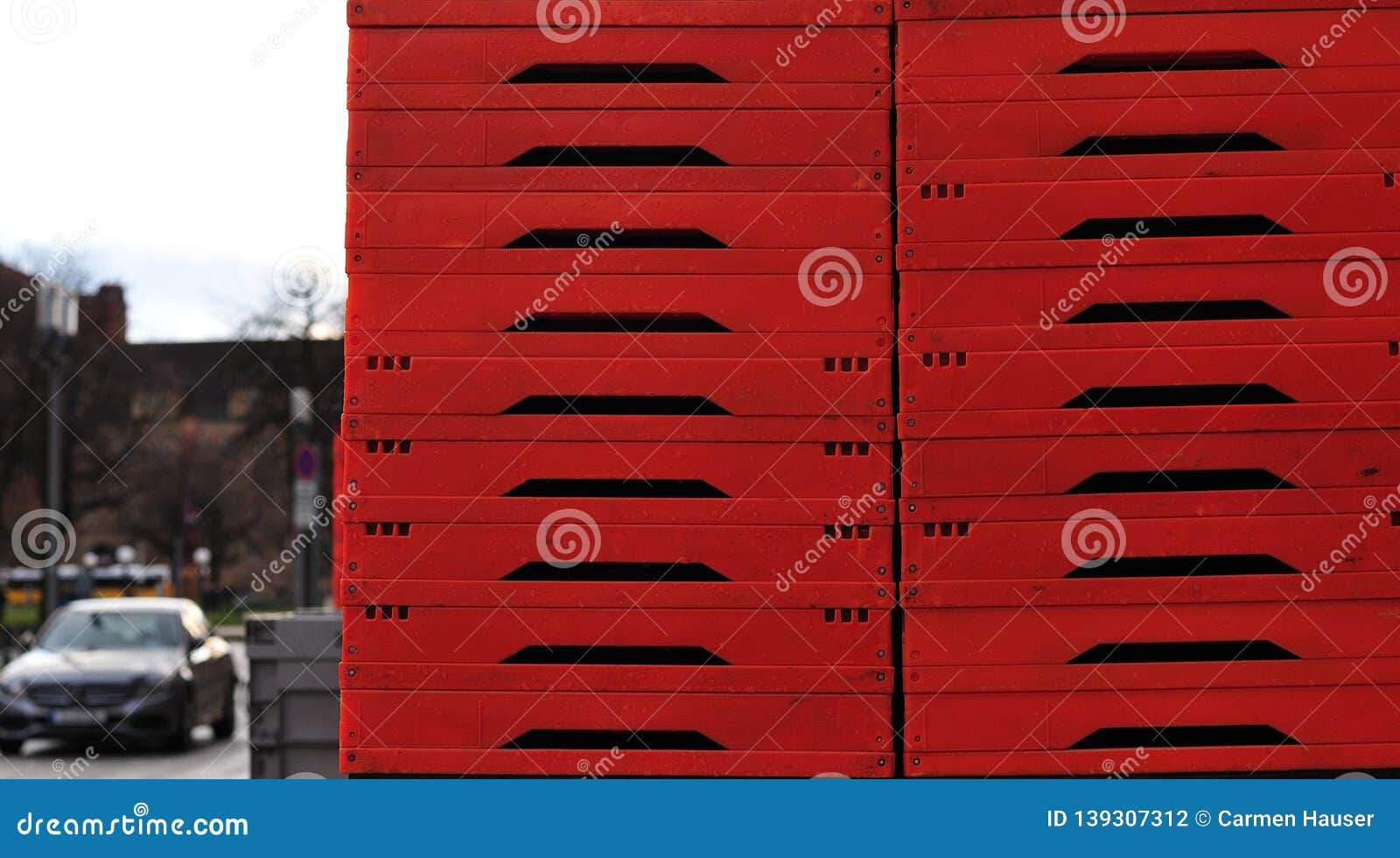Stack of Red Foldable Plastic Boxes Stock Photo - Image of street ...