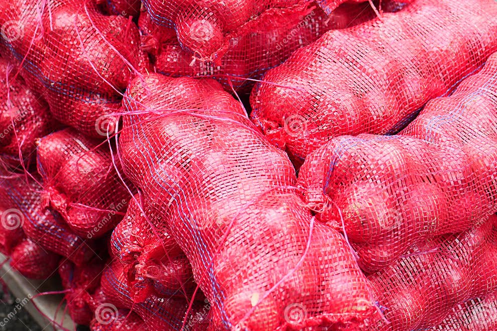 Stack of red onion in bags stock image. Image of healthy - 260287949