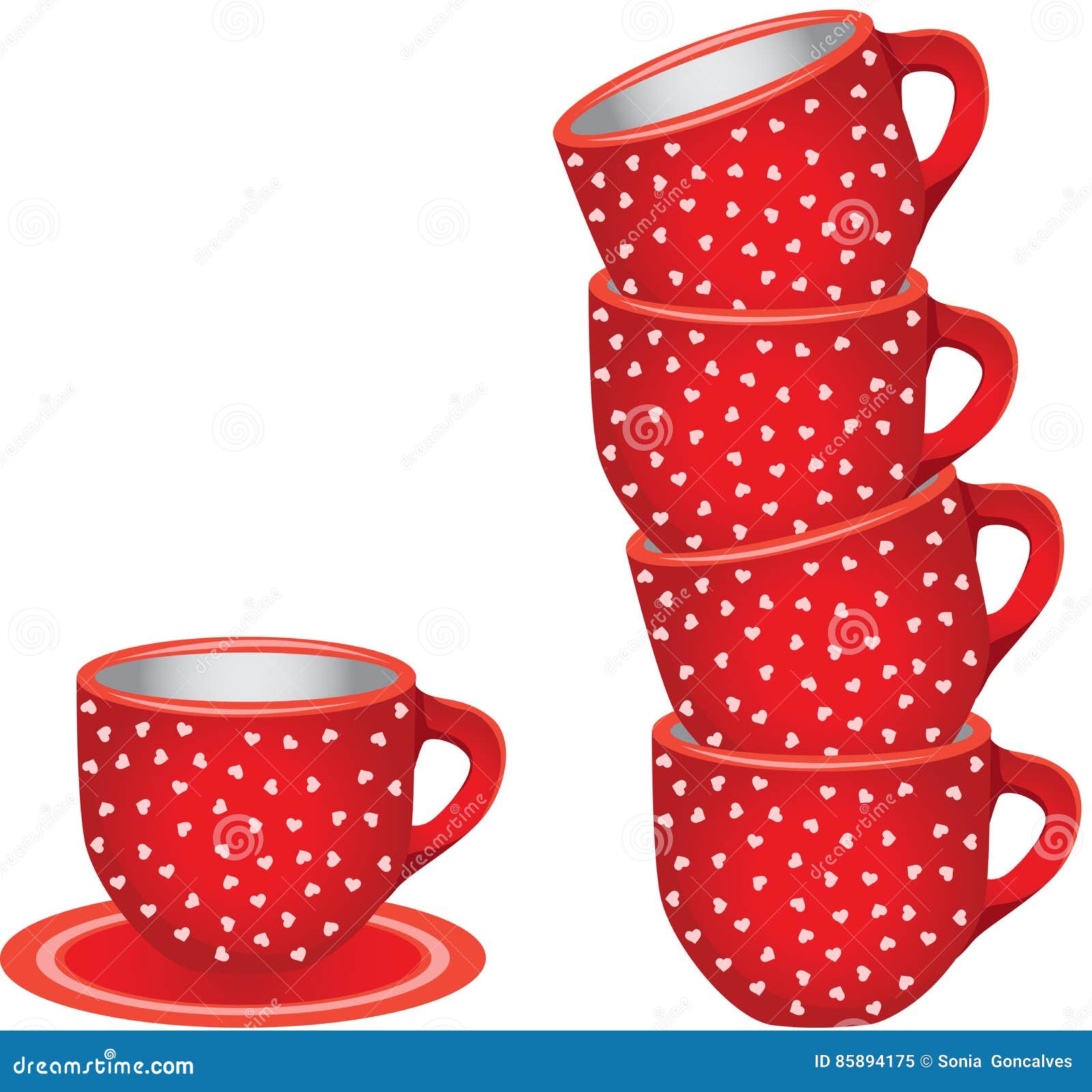 Stack of Red Tea Cups with Hearts Stock Vector - Illustration of clip ...