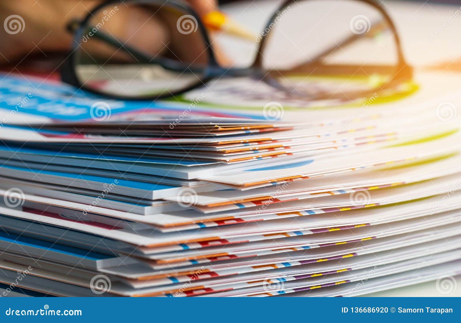 Stack of Report Paper Documents for Business Desk with Glasses ...