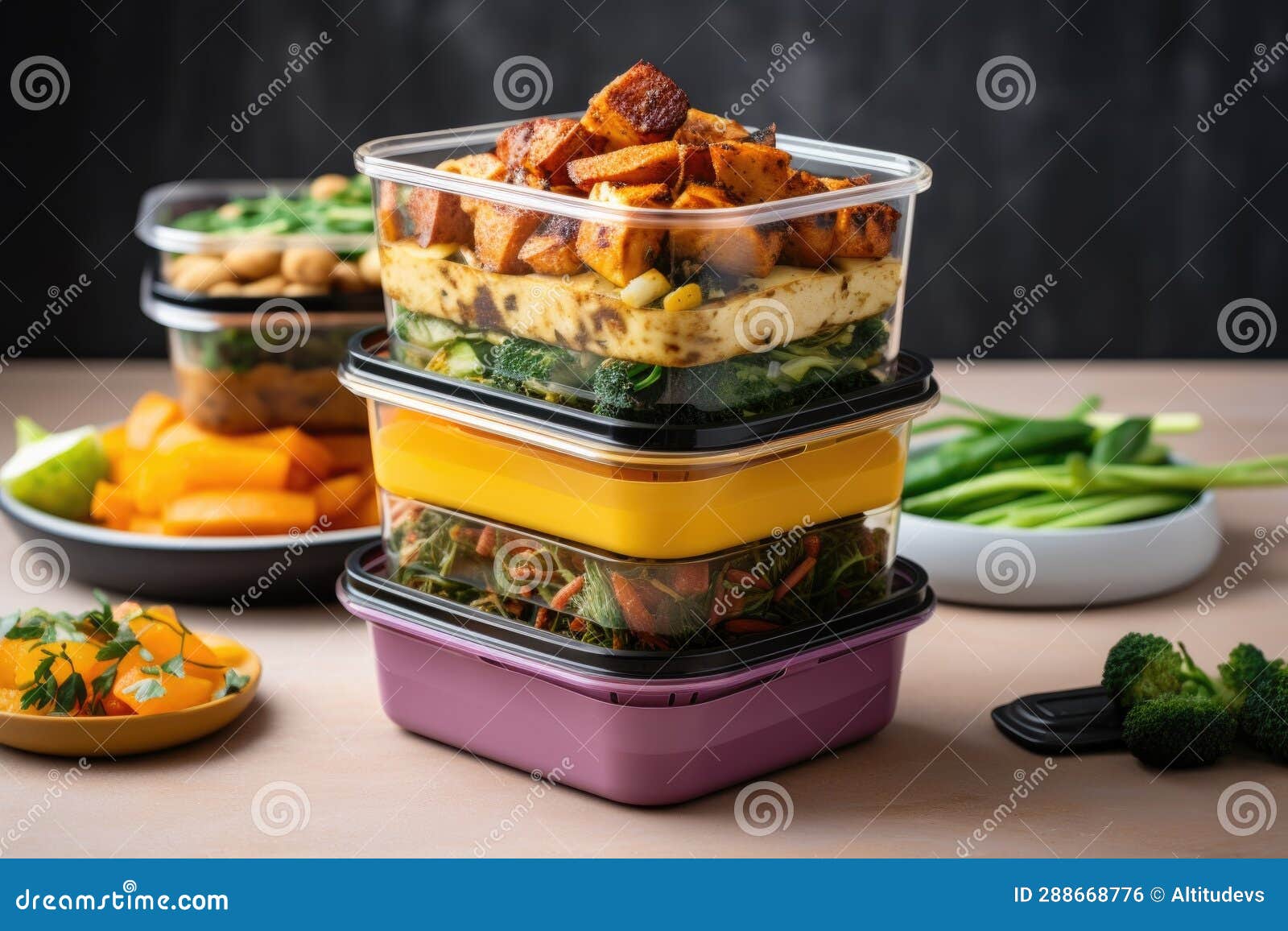 Stack of Reusable Meal Prep Containers with Vegan Dishes Stock Photo ...