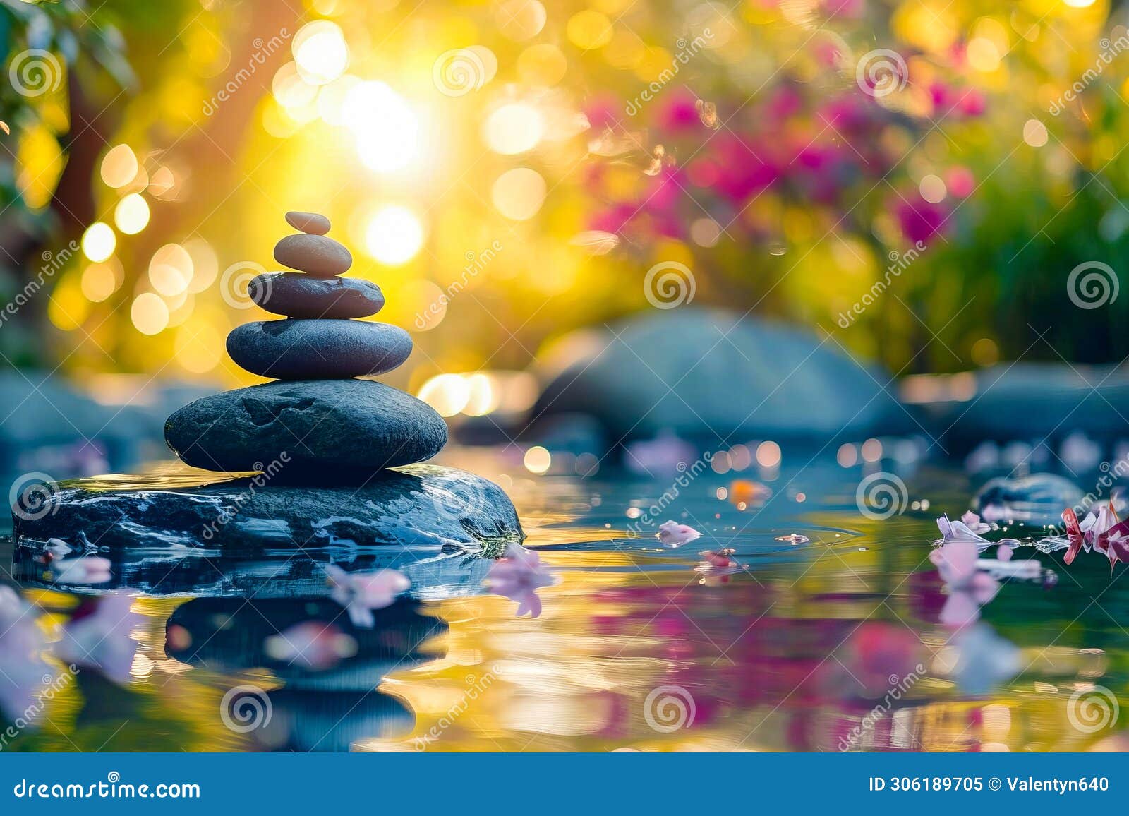Stack of Rocks in Pond with Flower Petal Floating on Top. Generative AI ...