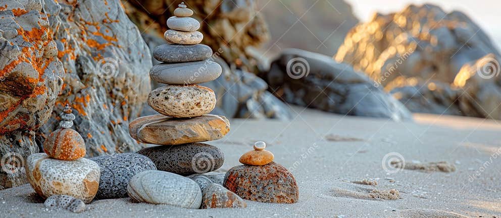 Stack of Rocks on Sandy Beach Stock Photo - Image of seashore, beach ...