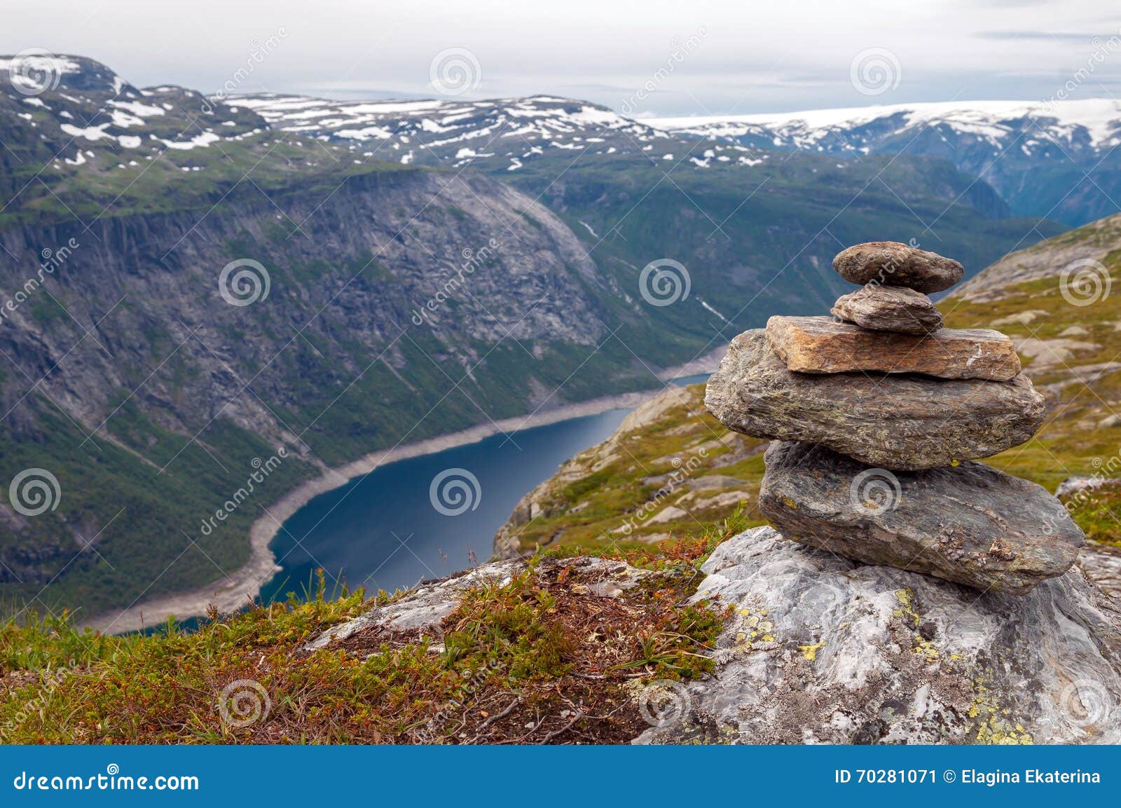 Stack of Rocks Stones with Fjord Background in the Mountains of Stock ...