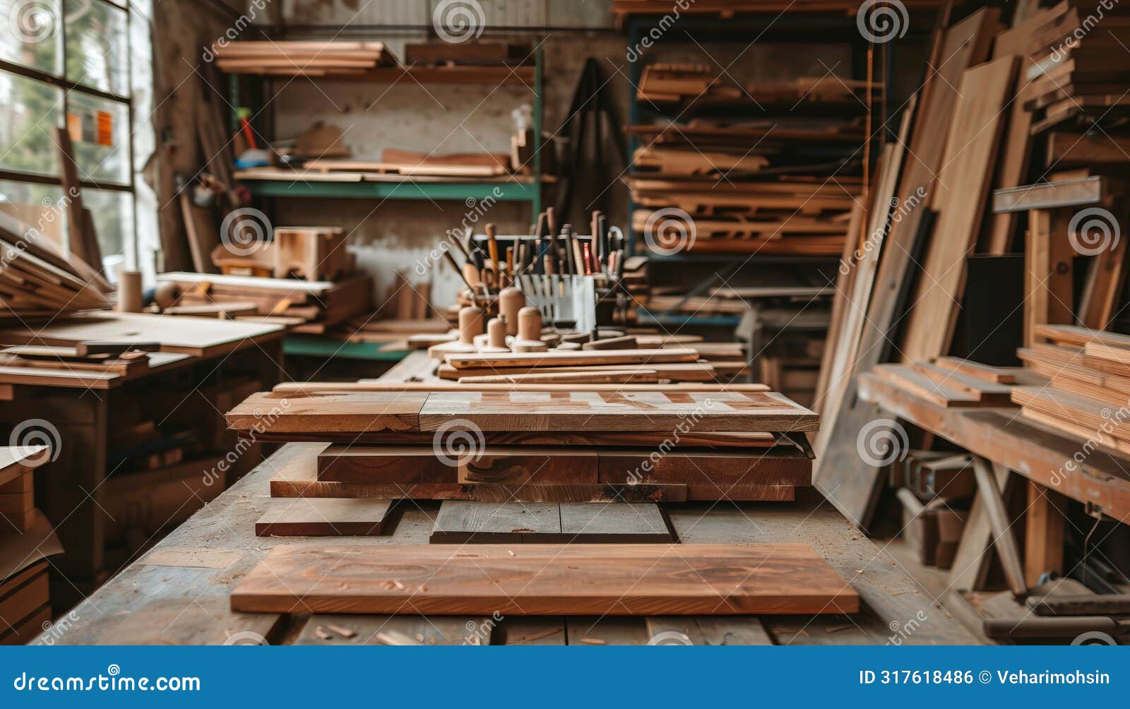 Stack of Rough Wood Planks in a Carpentry Workshop Stock Illustration ...