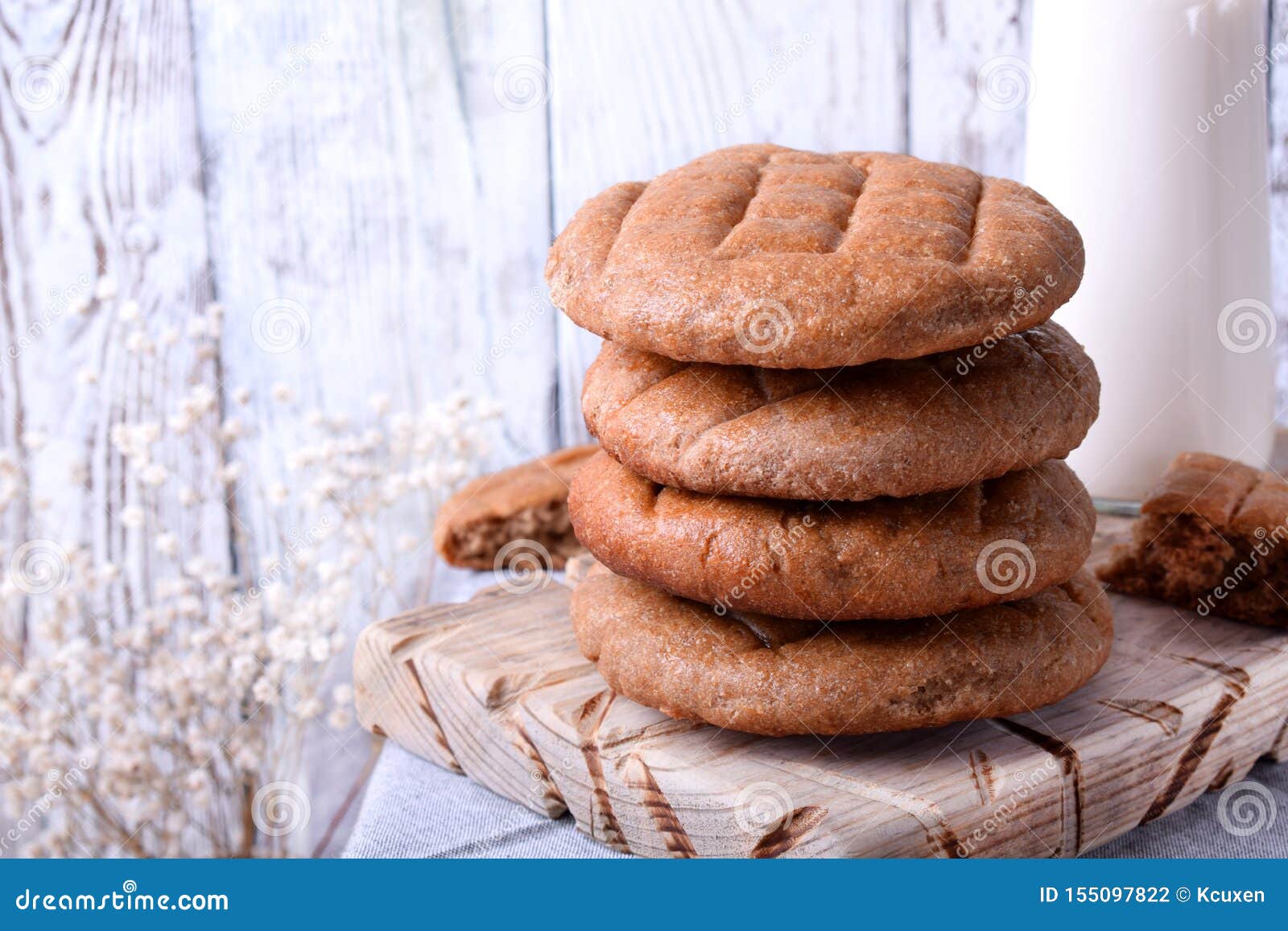 Stack of Round Brown Rye Flatbread Against the White Wooden Background ...