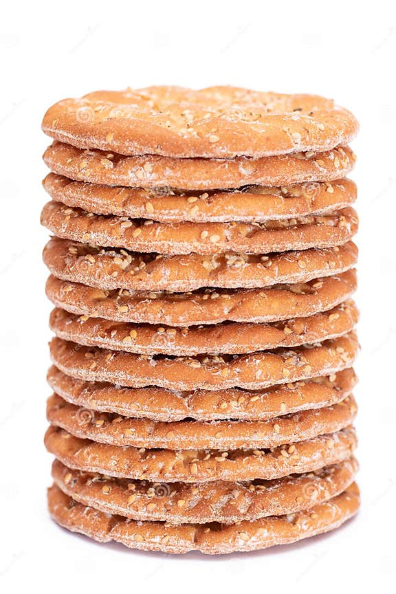 A Stack of Round Salt Crackers with Sesame Isolated on White Background ...