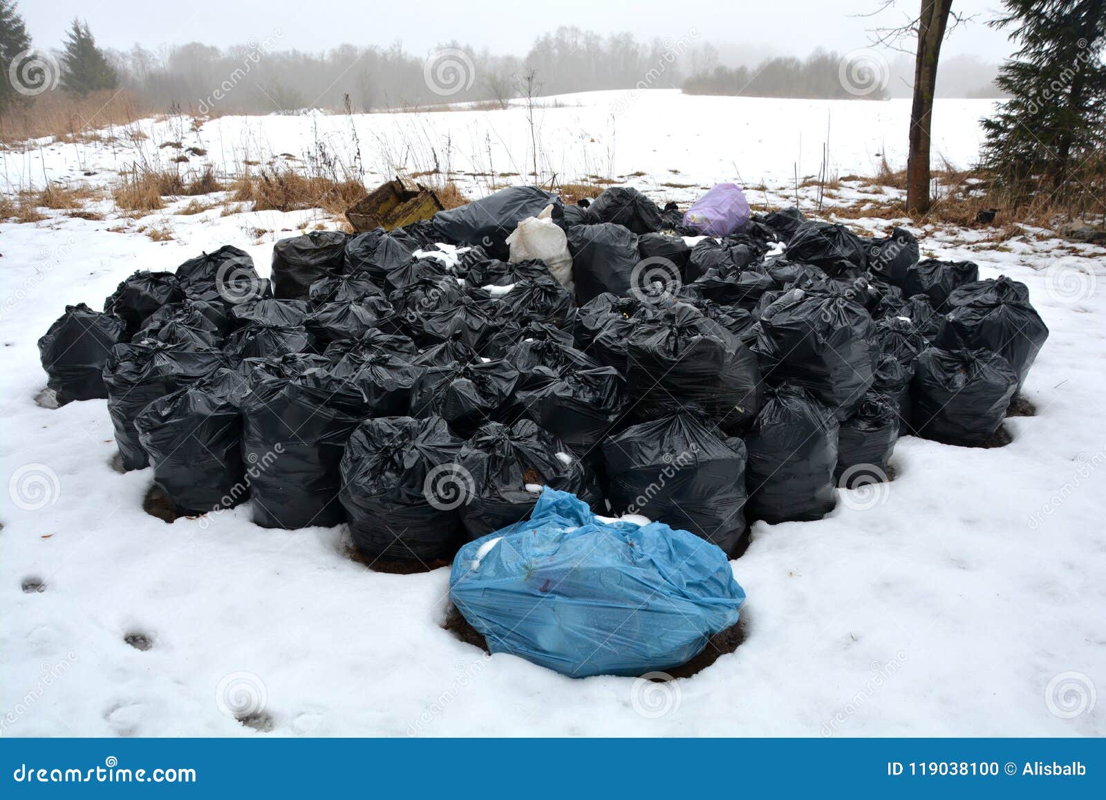 Stack Rubbish Trash Full Plastic Sacks on Snow in Park Stock Photo ...
