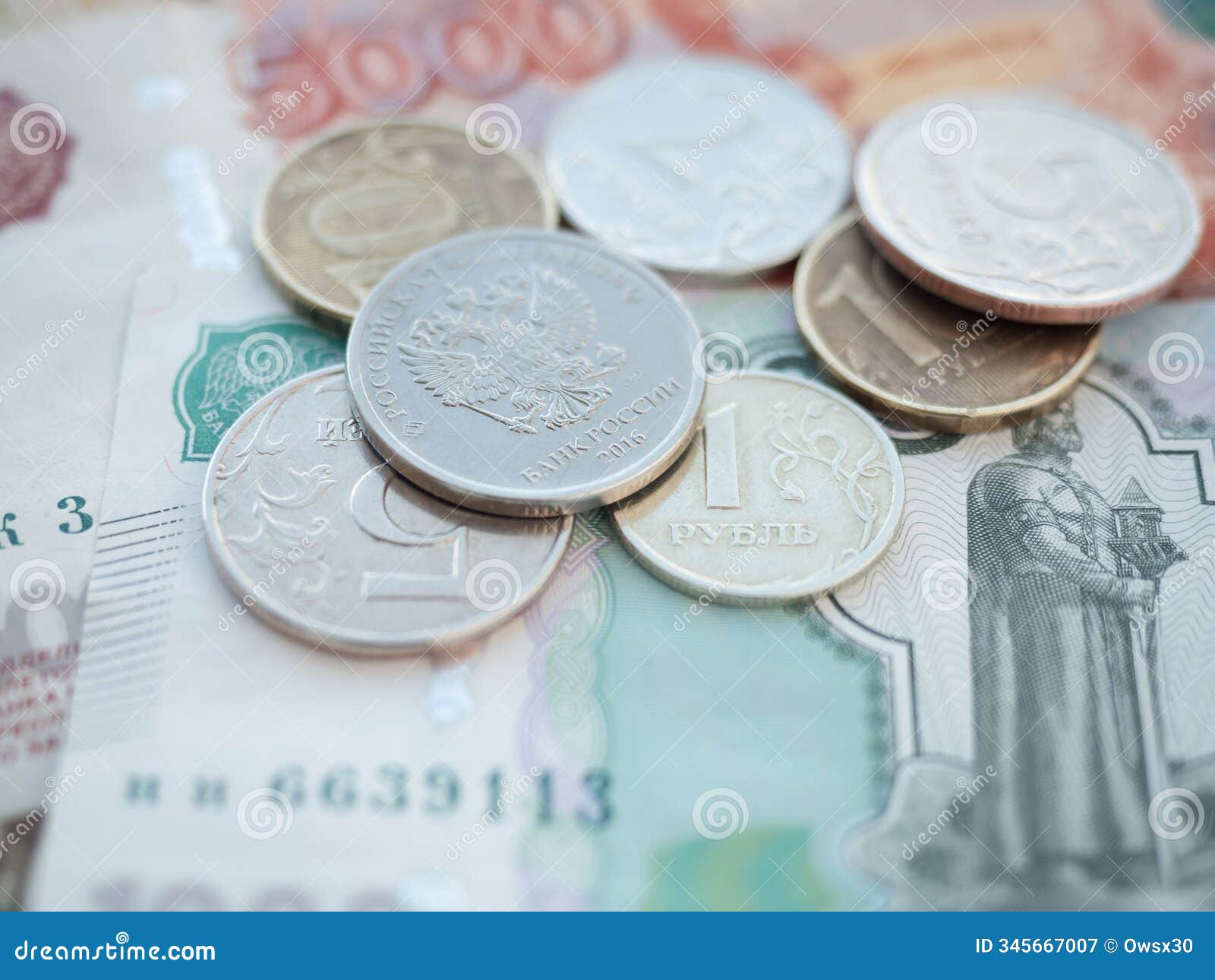 Stack of Russian Banknotes and Coins on a Table Stock Image - Image of ...