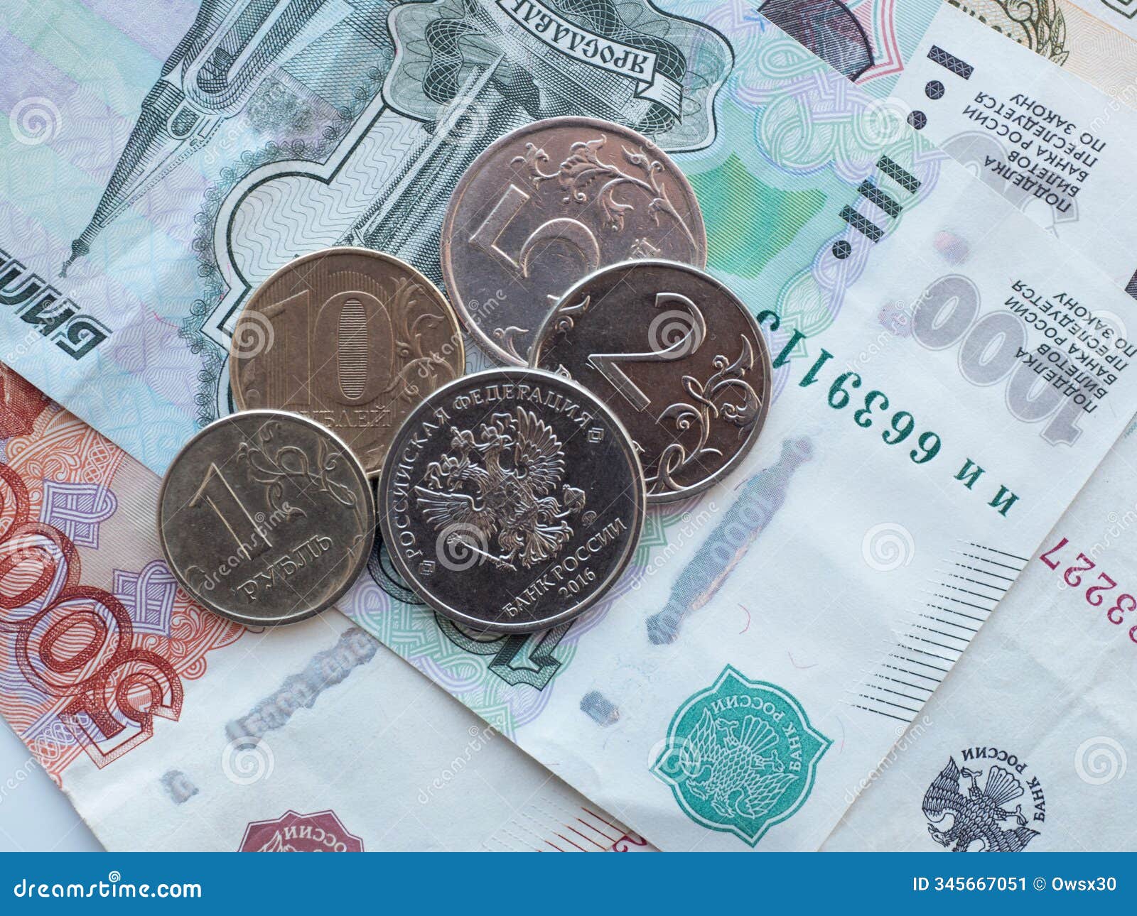 Stack of Russian Banknotes and Coins on a Table Stock Image - Image of ...