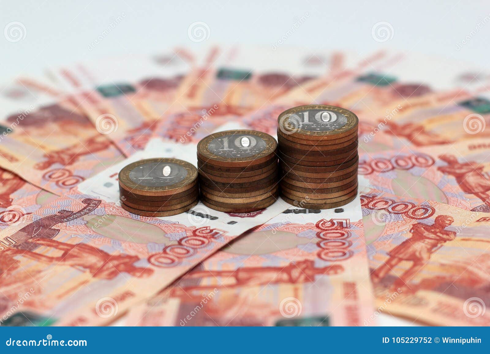A Stack of Russian Commemorative Ten-coins on Background Five ...