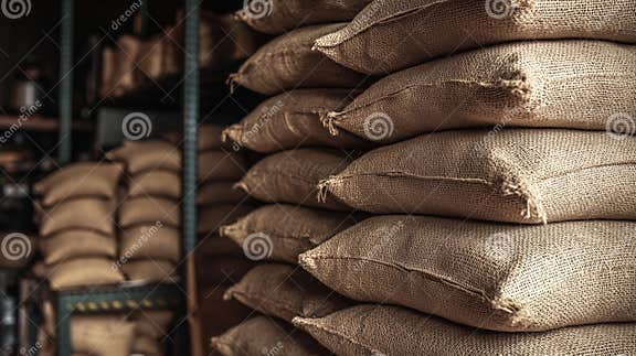 Stack Sacks of Coffee, Industrial Storage. Coffee Business Stock ...
