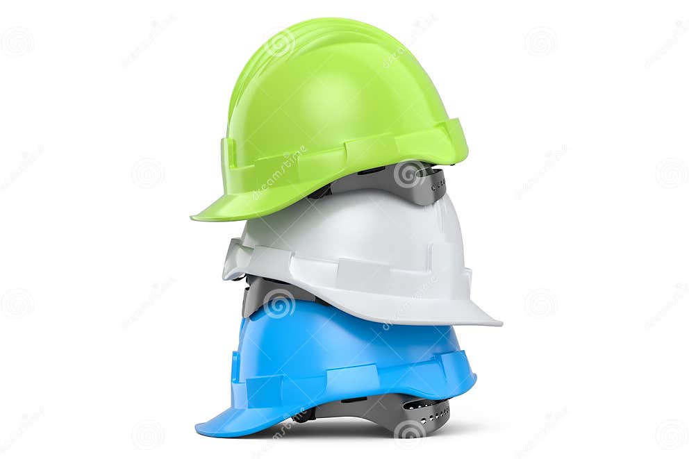 Stack of Safety Helmets or Hard Caps for Carpentry Work on White ...
