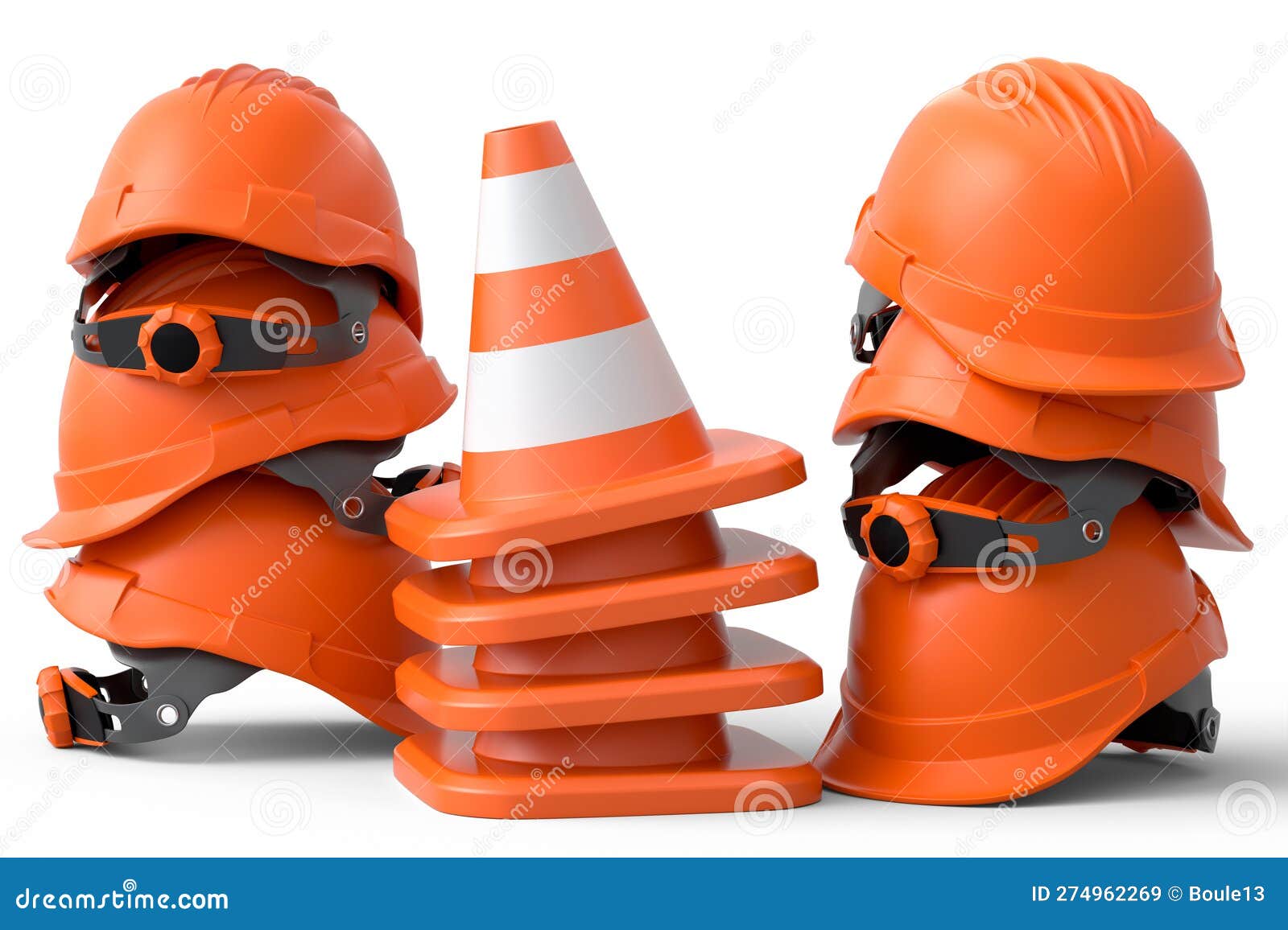 Stack of Safety Helmets or Hard Hats and Traffic Cones on White ...