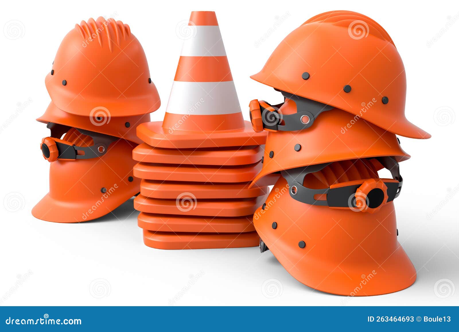 Stack of Safety Helmets or Hard Hats and Traffic Cones on White ...