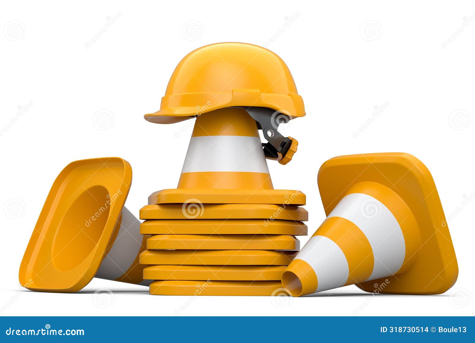 Stack of Safety Helmets or Hard Hats and Traffic Cones on White ...