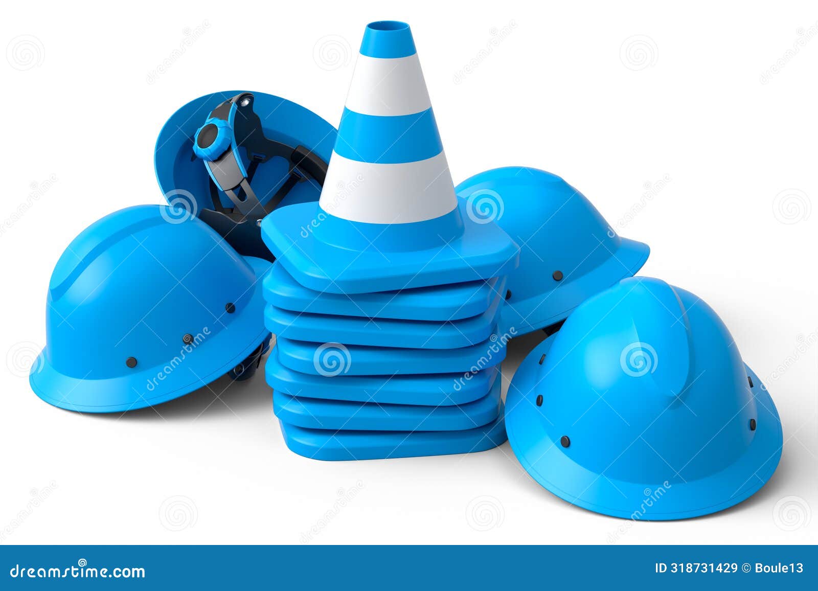 Stack of Safety Helmets or Hard Hats and Traffic Cones on White ...