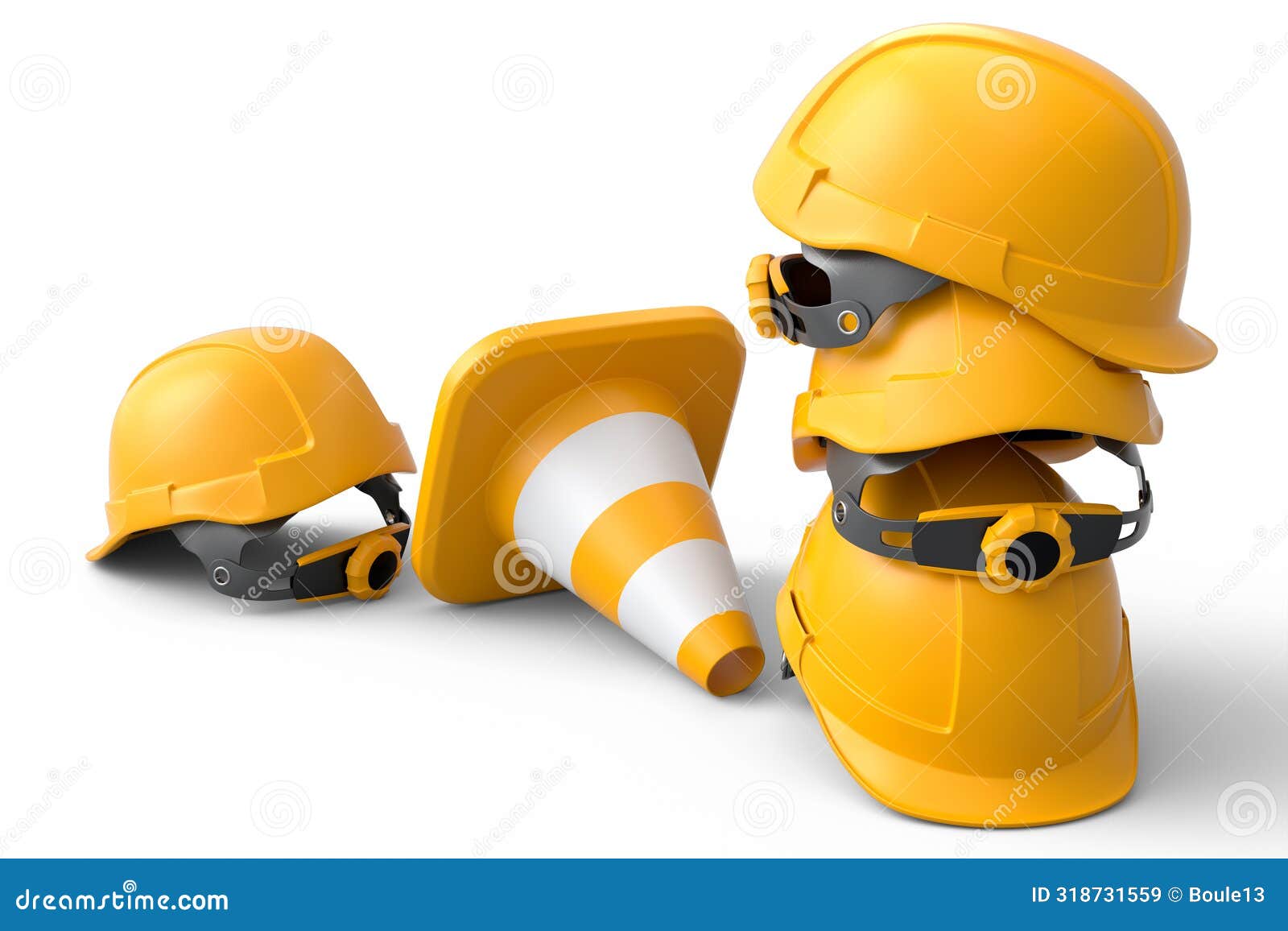 Stack of Safety Helmets or Hard Hats and Traffic Cones on White ...