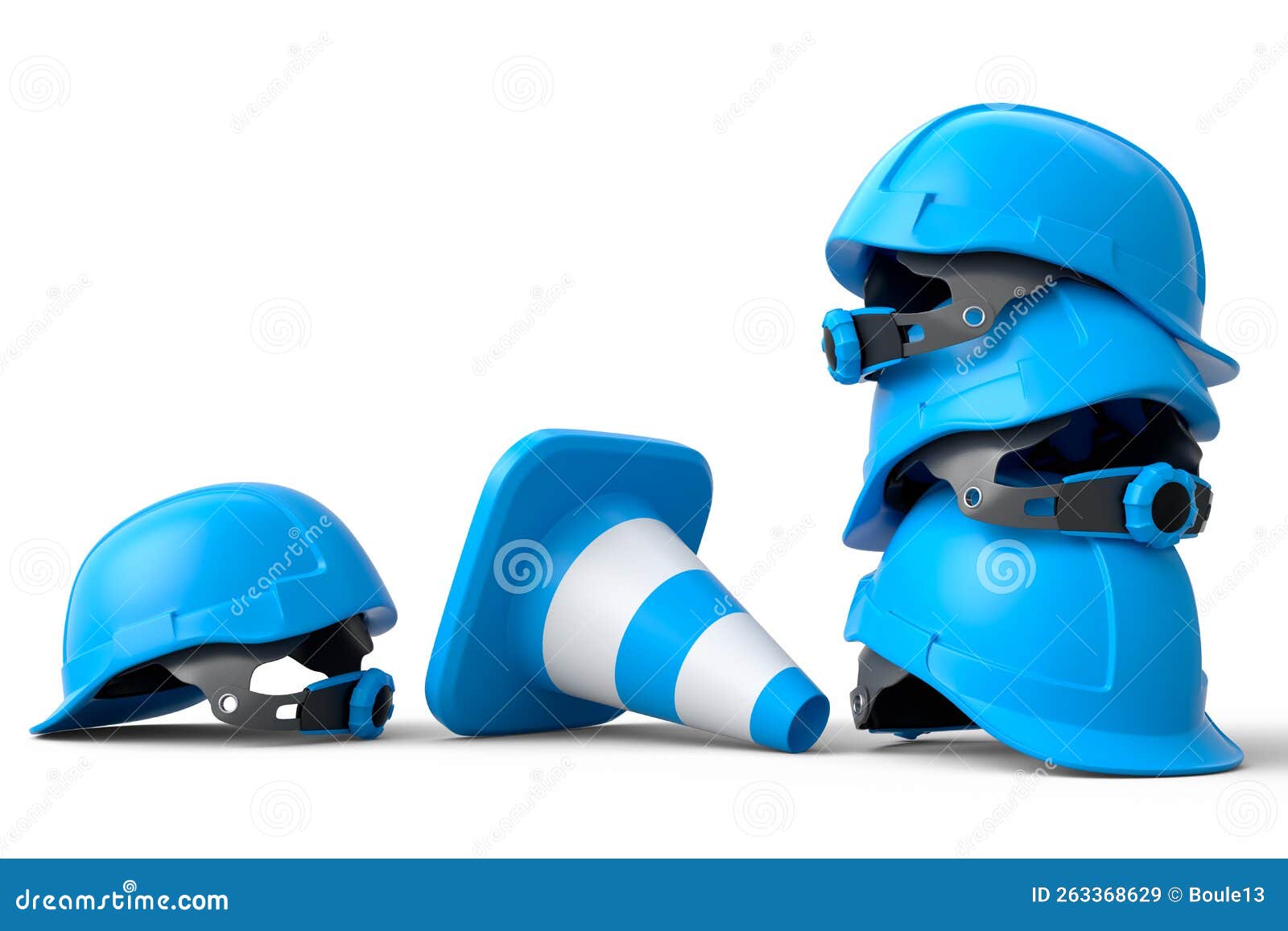Stack of Safety Helmets or Hard Hats and Traffic Cones on White ...