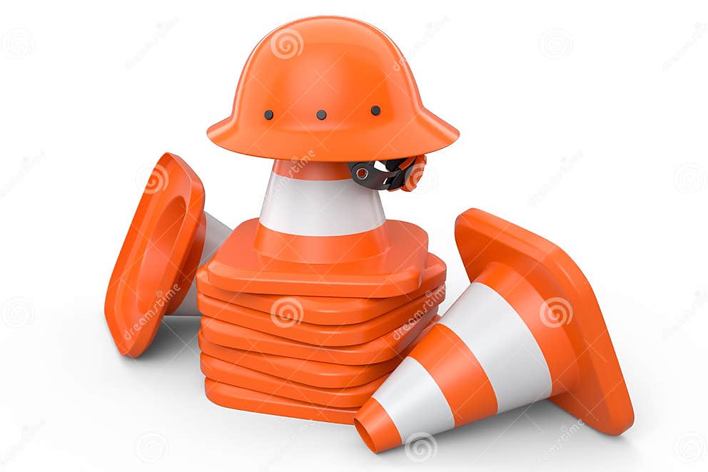 Stack of Safety Helmets or Hard Hats and Traffic Cones on White ...