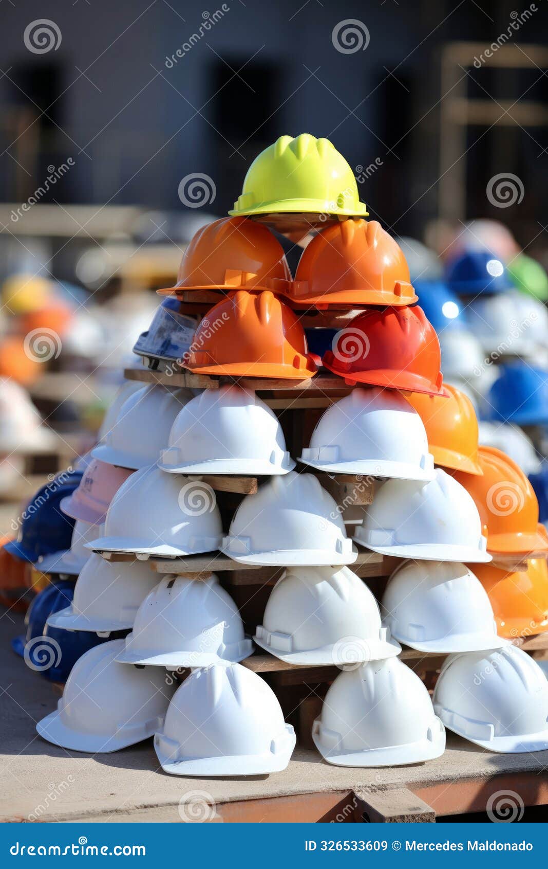 Stack of Safety Helmets, White Blue and Yellow Helmets in Construction ...