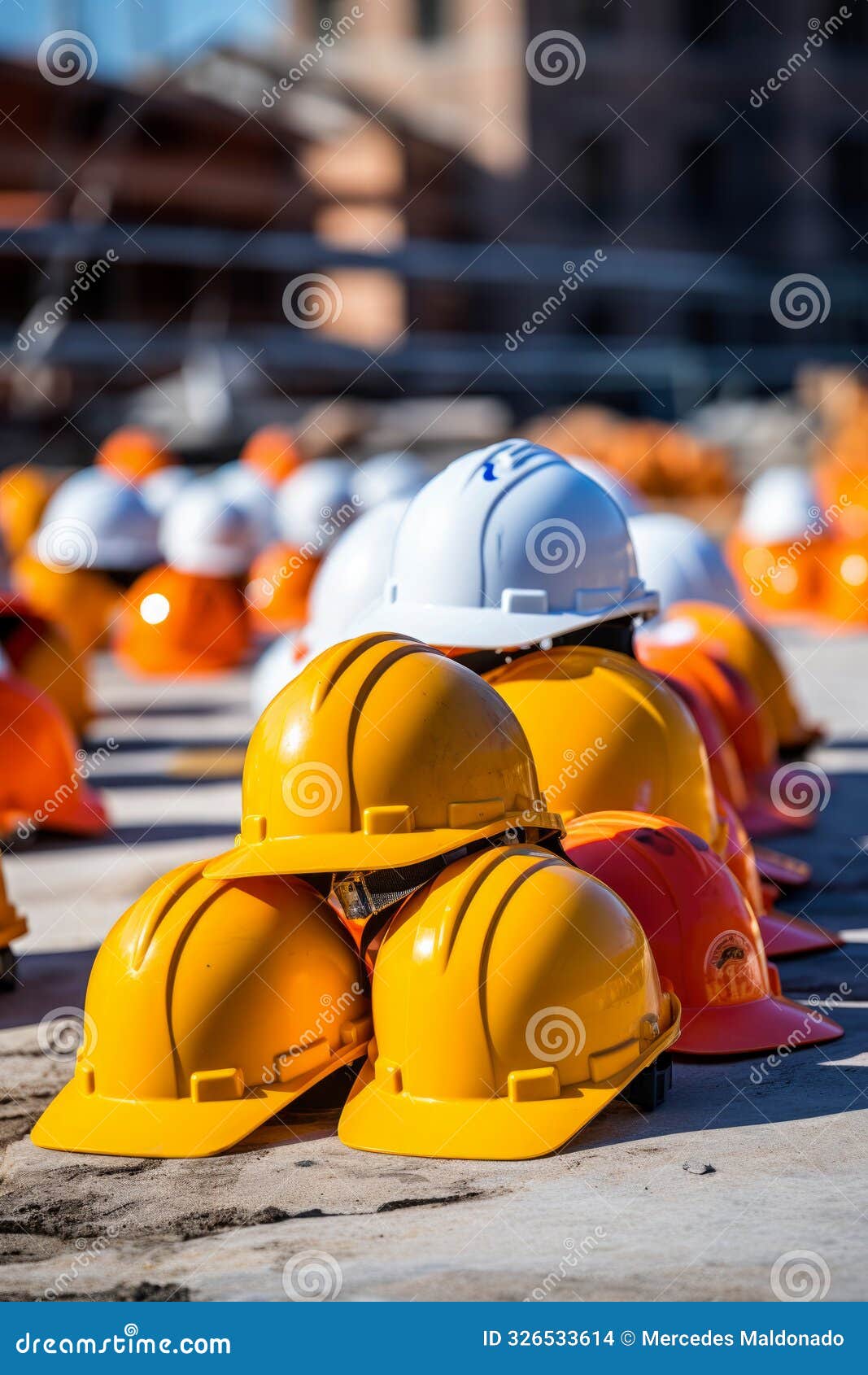 Stack of Safety Helmets, White Blue and Yellow Helmets in Construction ...