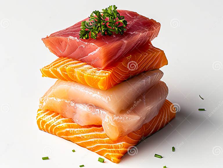 A Stack of Salmon and Other Fish on a White Background Stock Image ...