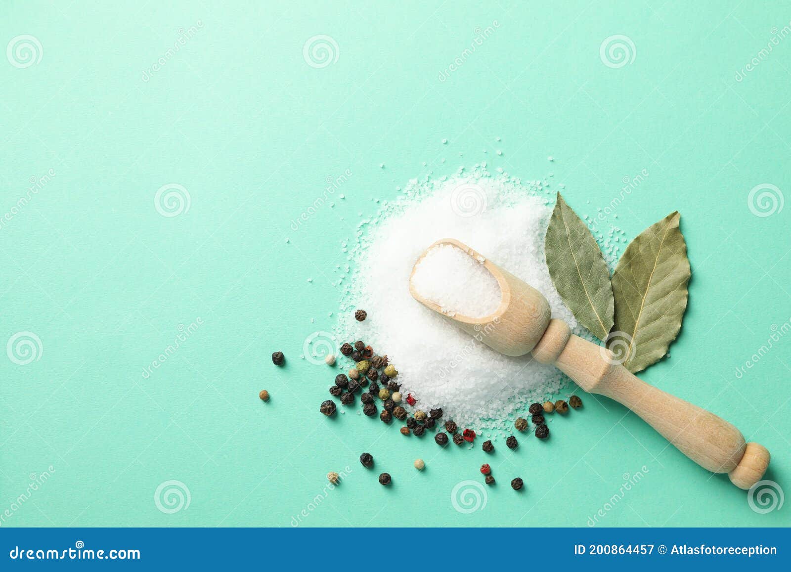 Stack of Salt, Scoop and Spices on Mint Background Stock Image - Image ...
