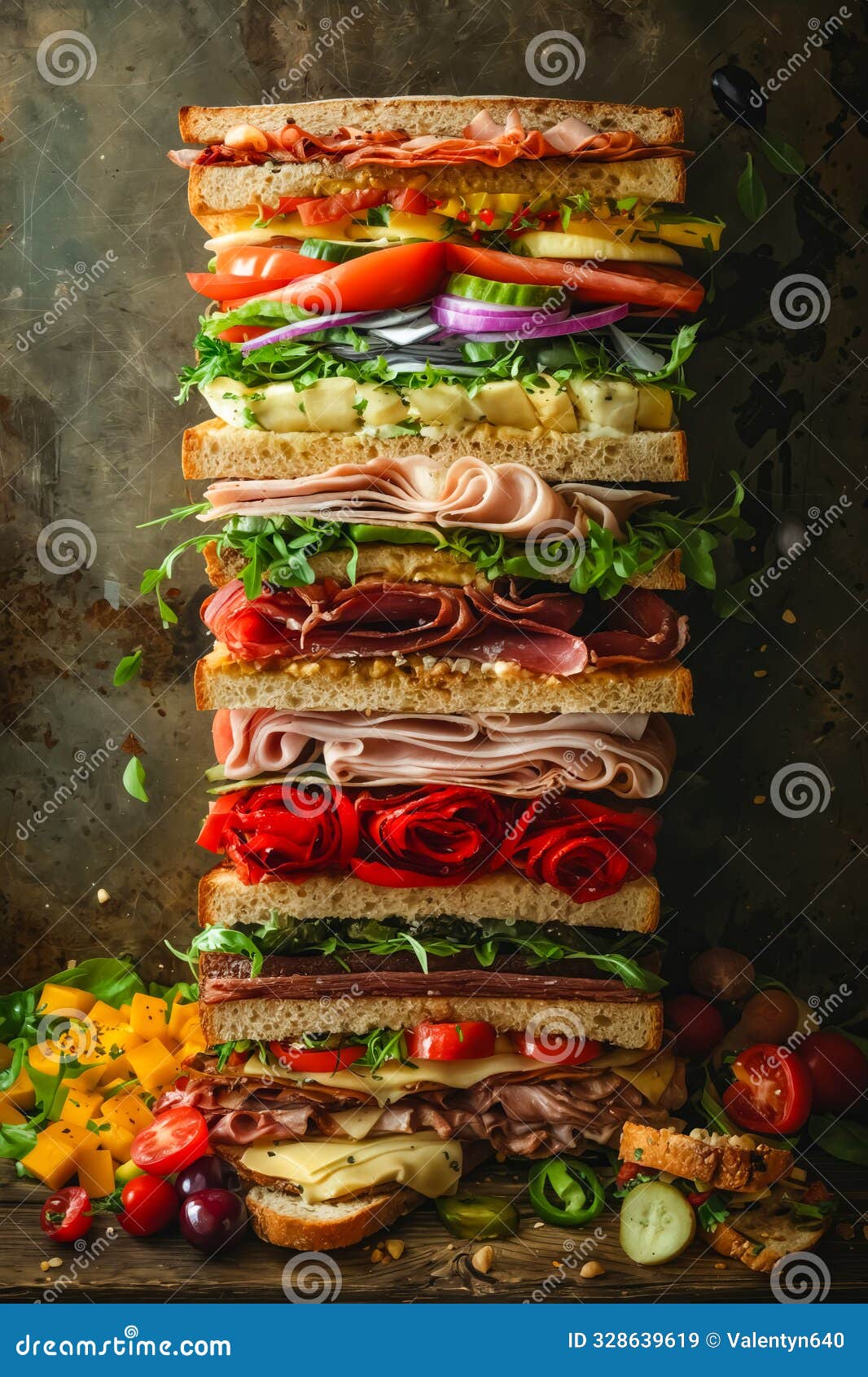 A Stack of Sandwiches with Different Types of Food on a Table ...