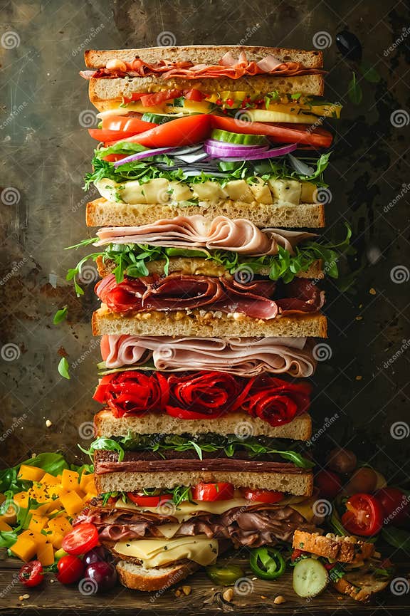A Stack of Sandwiches with Different Types of Food on a Table ...