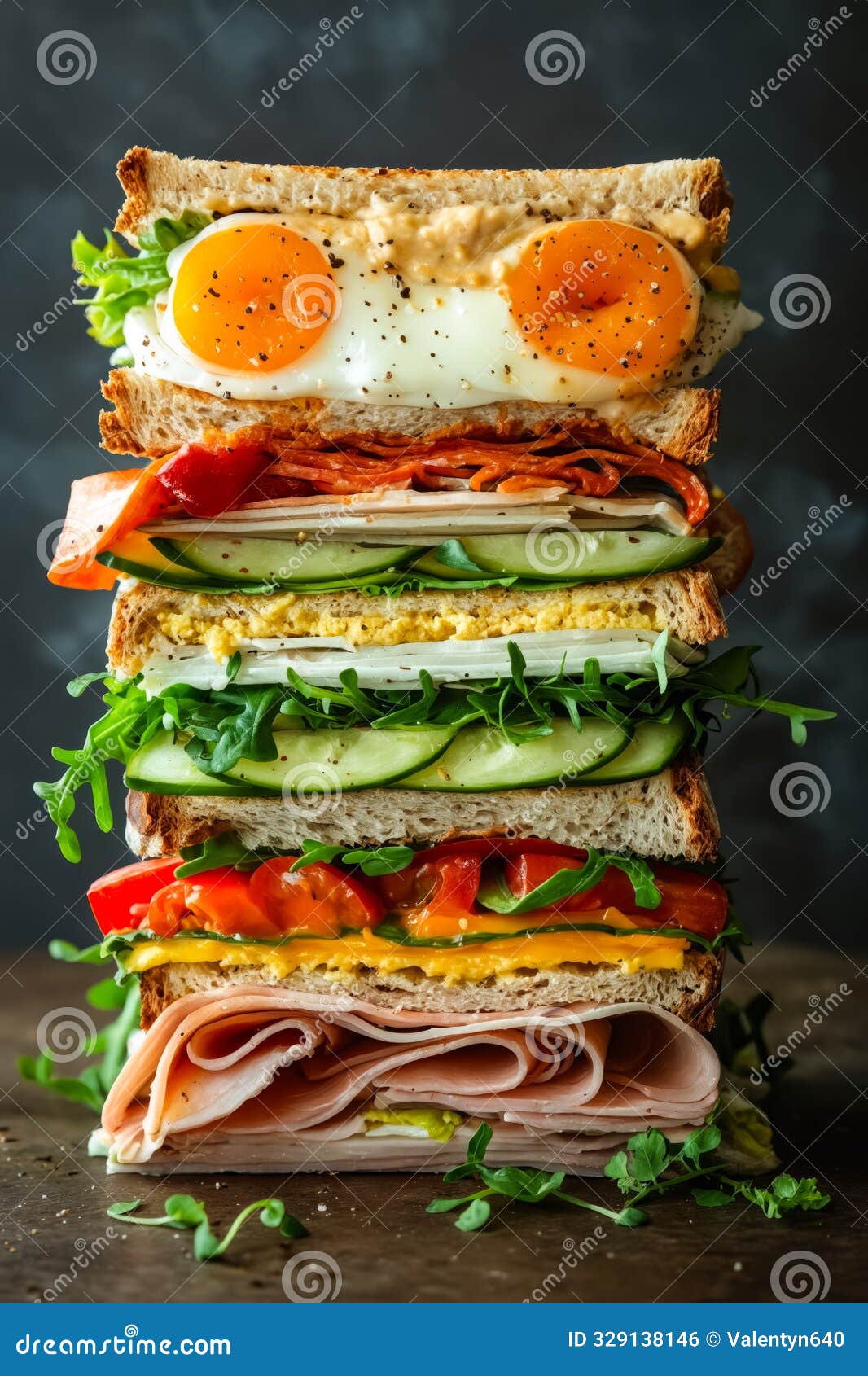 A Stack of Sandwiches with Ham, Cheese, Tomato, Cucumber, and Egg on ...
