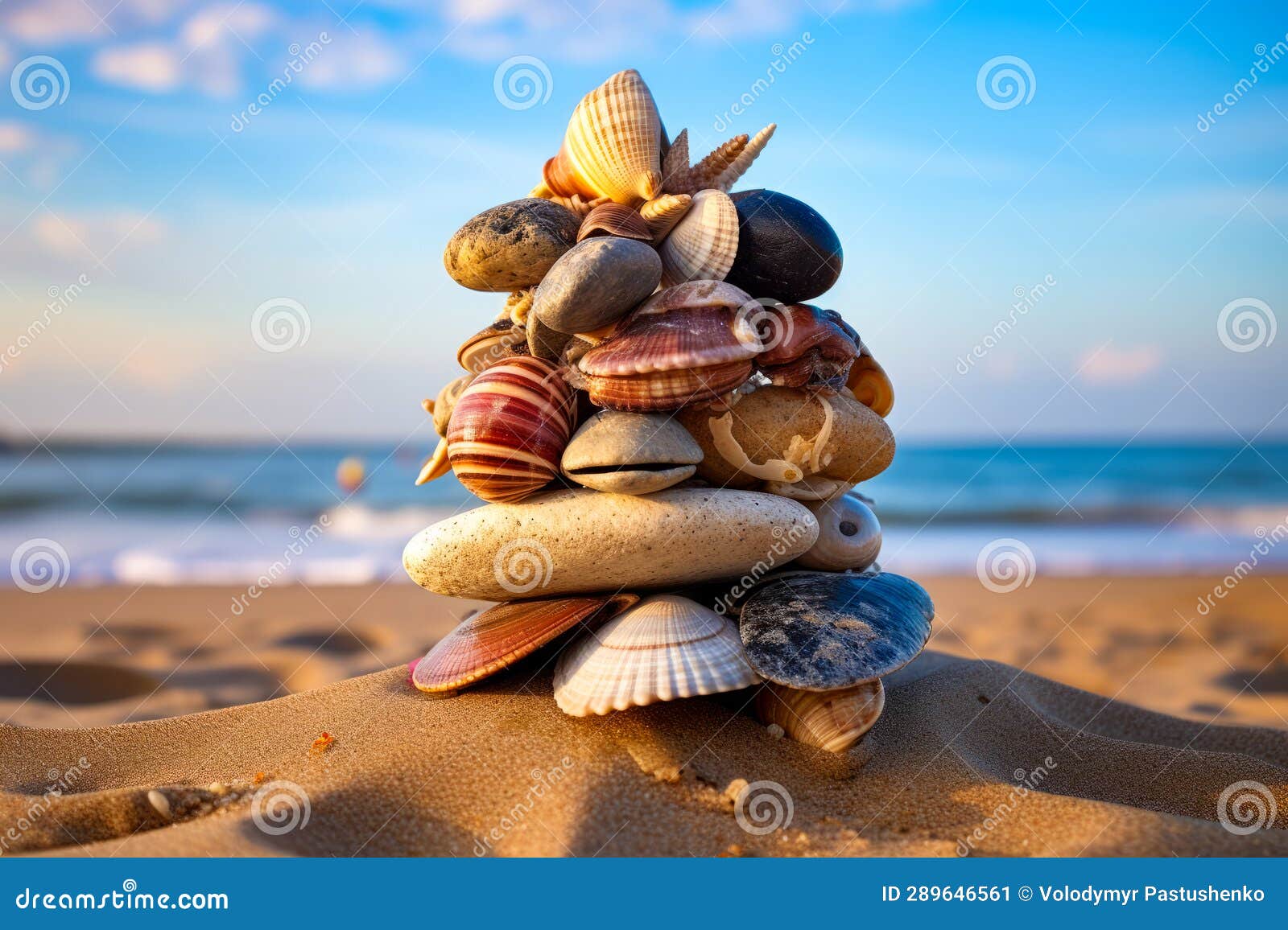 Stack of Seashells on Sandy Beach with Blue Sky in the Background ...