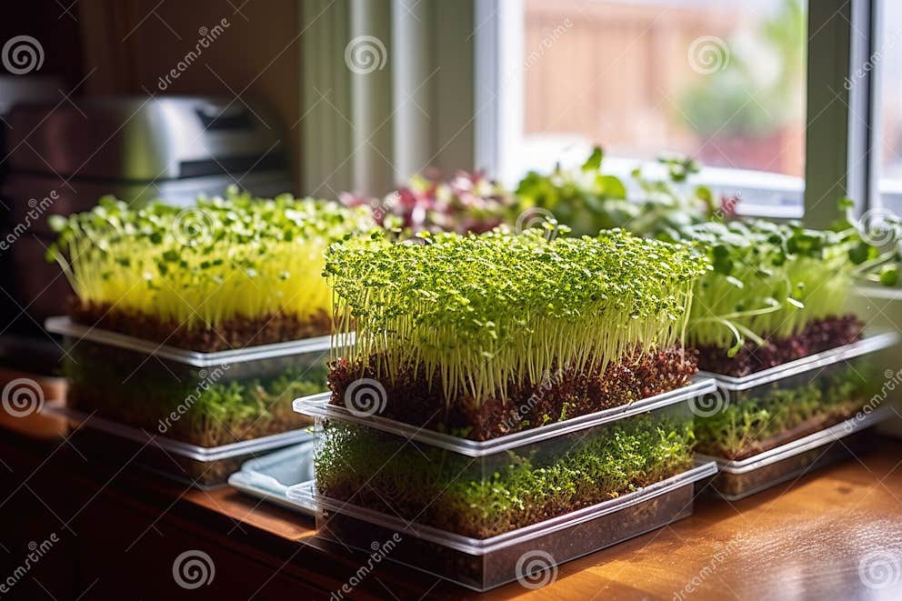 Stack of Seed Trays with Sprouting Microgreens by the Window Stock ...