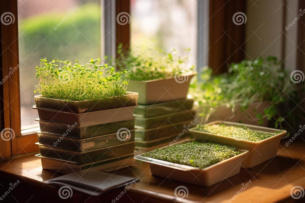 Stack of Seed Trays with Sprouting Microgreens by the Window Stock ...