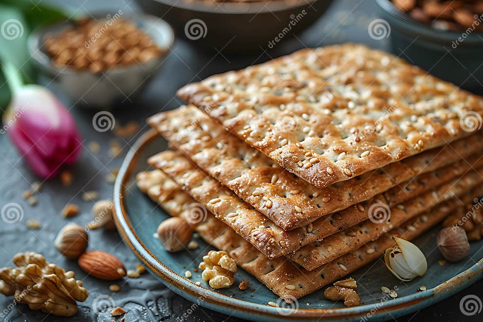 Stack of Crunchy Seeded Crackers with Nuts and Tulip for Gourmet Snack ...