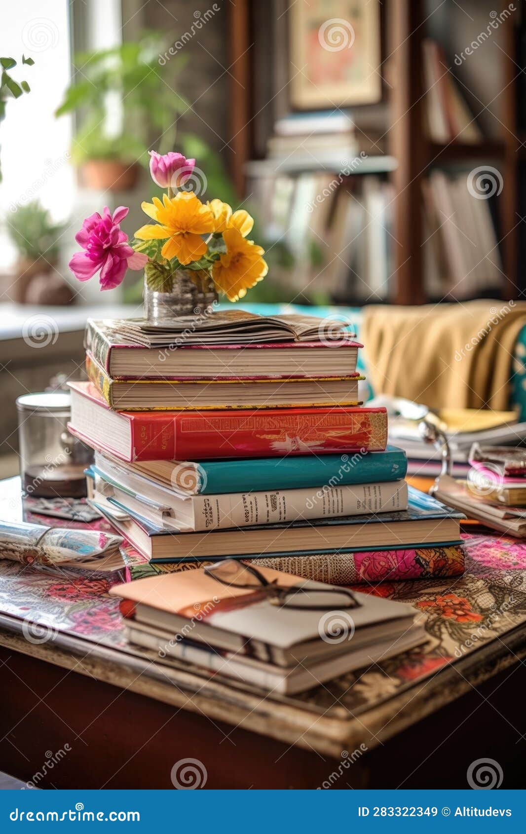 Stack of Self-help Books and a Journal on a Table Stock Illustration ...