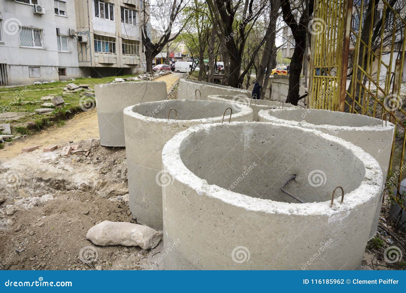Stack of Sewer Concrete Pipes in a Construction Site. Stock Photo ...