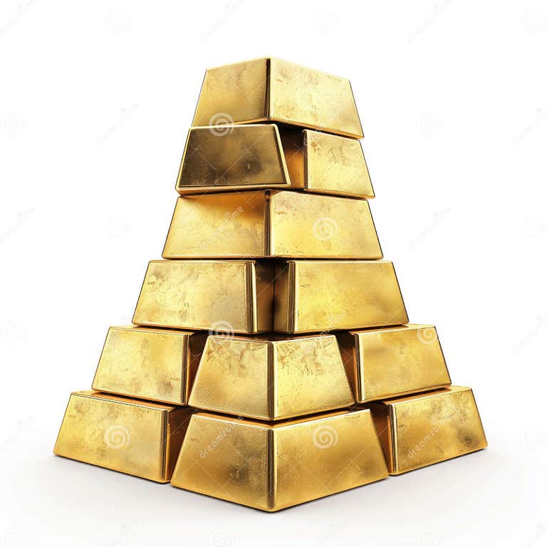 Stack of Shiny Gold Bars Forming a Pyramid Structure on White ...