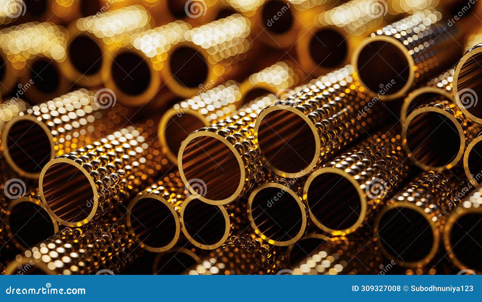 Closeup Of Stack Of Shiny Gold-colored Metal Pipes With A Bumpy Texture ...
