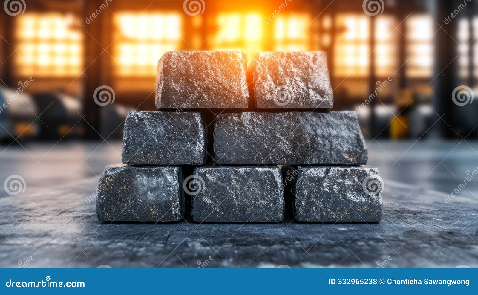 A Stack of Shiny Metal Blocks Illuminated by Warm Sunlight in an ...