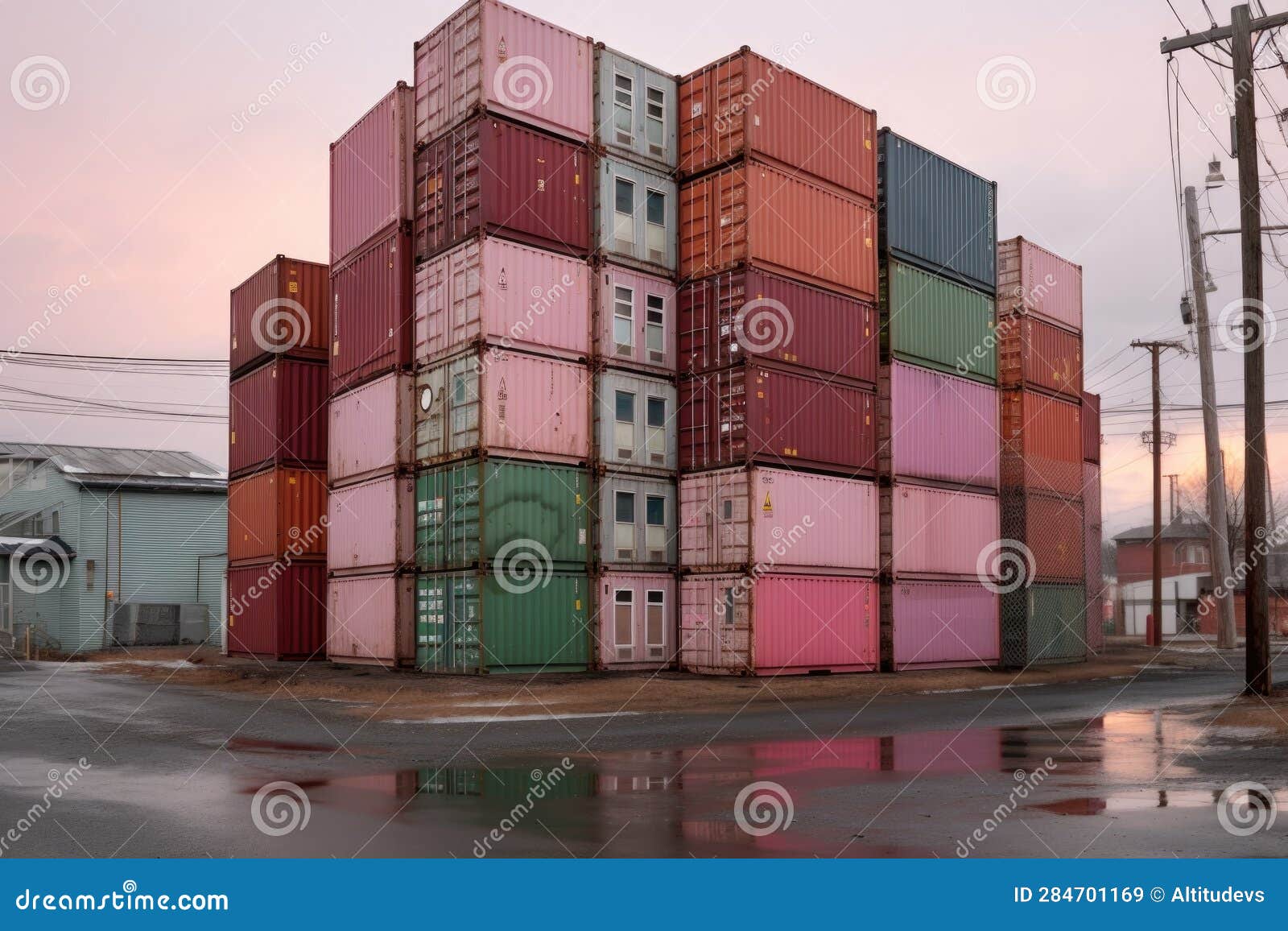 Stack of Shipping Containers Near a Warehouse Building Stock Image ...