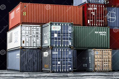 A Stack of Shipping Containers of Various Colors and Sizes, Labeled ...