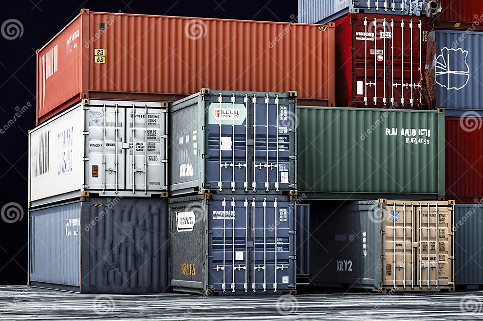 A Stack of Shipping Containers of Various Colors and Sizes, Labeled ...