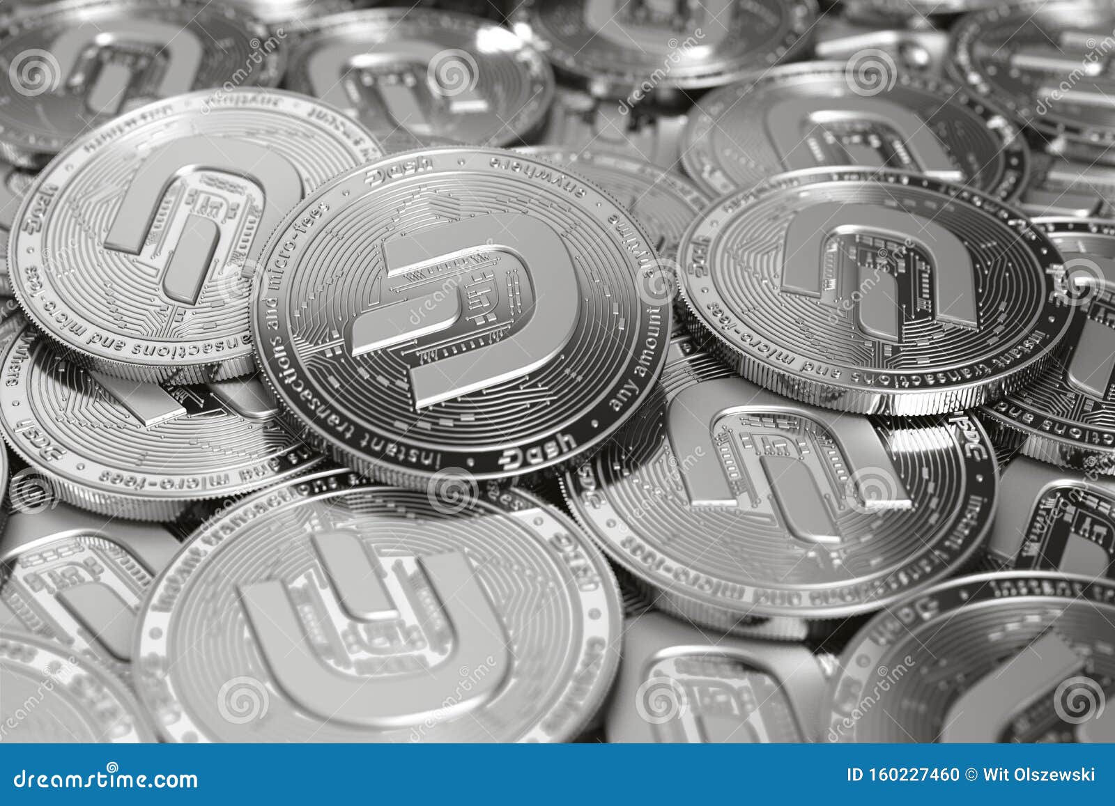 Stack of Silver Dash Coins with 2019 Updated Logo in Blurry Closeup. 3D ...
