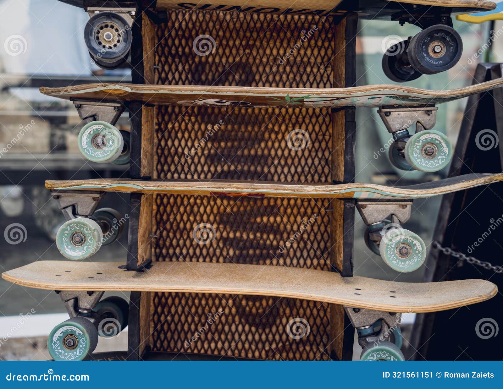 A Stack of Skateboards on a Special Outdoor Stand Stock Image - Image ...